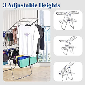 ZenStyle Clothes Drying Rack, 2-Level Laundry Drying Rack with Sock Clips, Stainless Steel Foldable Laundry Hanger with Height-Adjustable Gullwings for Clothes, Towels, Sheets, Silver