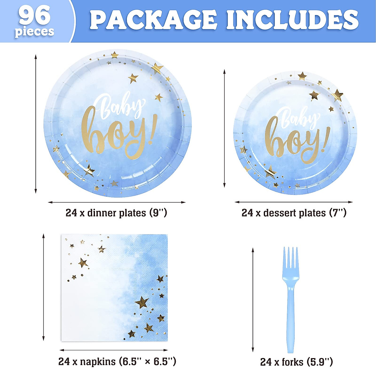 DECORLIFE Baby Shower Plates and Napkins for Boy Serves 24, Blue Baby Boy Plates, Forks Included, Total 96PCS