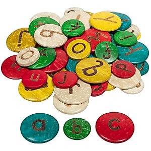 READY 2 LEARN Coconut Letters - Lowercase - Set of 52 - Natural, Hand Made Counters for Kids - Use for Crafts and Spelling Activities