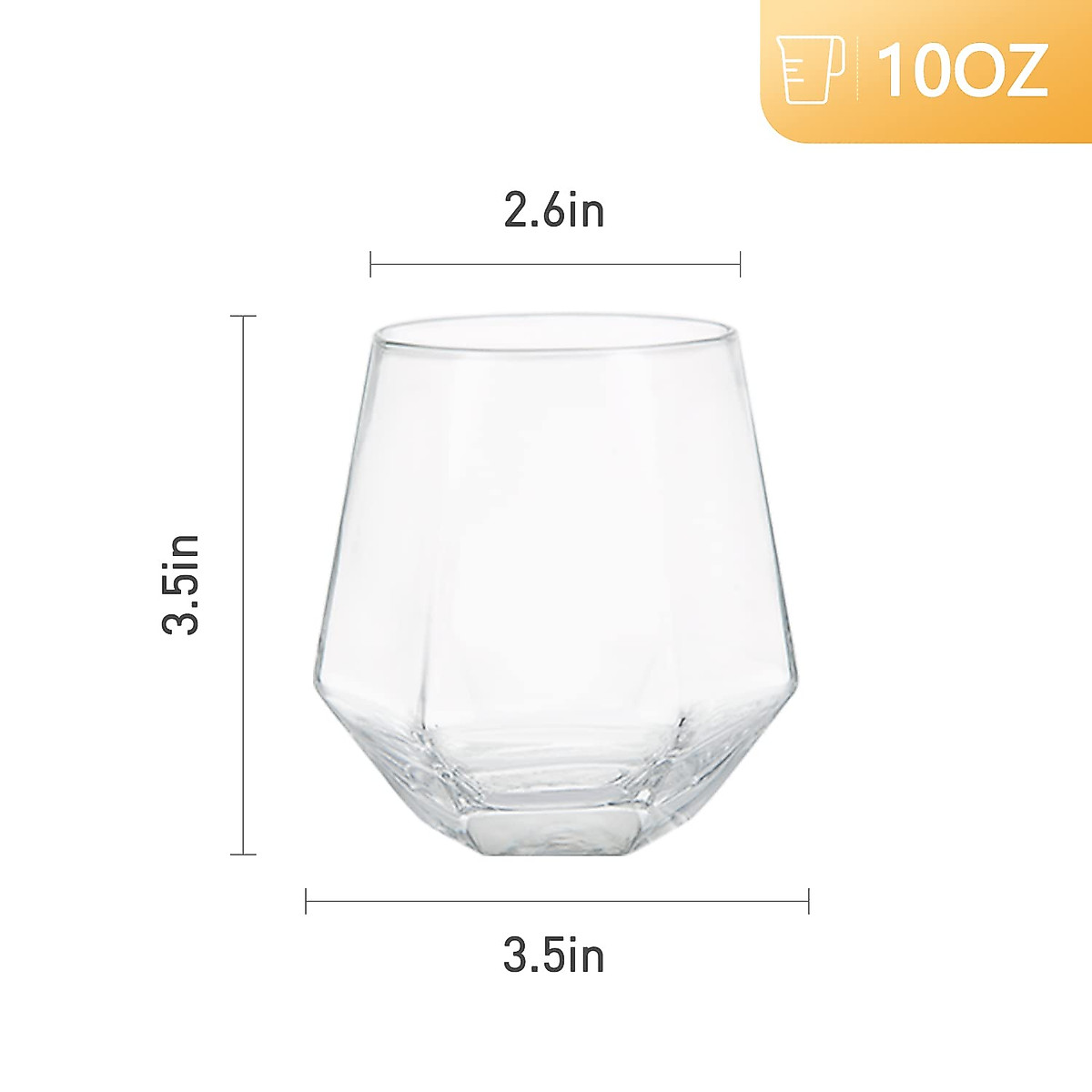 [6-Pack,10 Oz] Design·Master- Diamond Wine Glasses, Stemless Wine Glasses, Diamond Whiskey Glasses, Drinking Glasses, Ideal for Red and White Wine,Kitchen Glassware, Wedding and Party Gifts