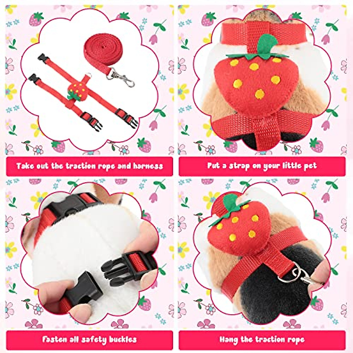 2 Pack Adjustable Rabbit Harness and Leash Bunny Harness Leash Set Harness Leash for Rabbit Kitten Puppy Pig and Small Pet Animals (Carrot, Strawberry)