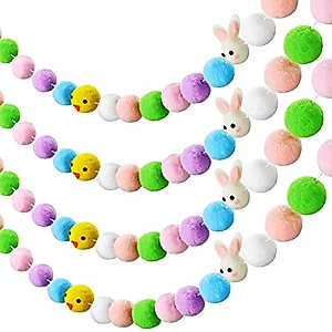 2 Pieces Easter Felt Rabbit Pom Pom Garlands Bunny Chicken Ball Banner Colorful Pom Pom Hanging Garland Banner for Easter Party Home Decorations