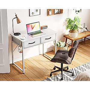ODK Small Desk with Fabric Drawers- for Bedroom, White Vanity Desk with Storage, Home Office Computer Desk for Small Spaces, 32 Inch Modern Work Writing Study Table, White
