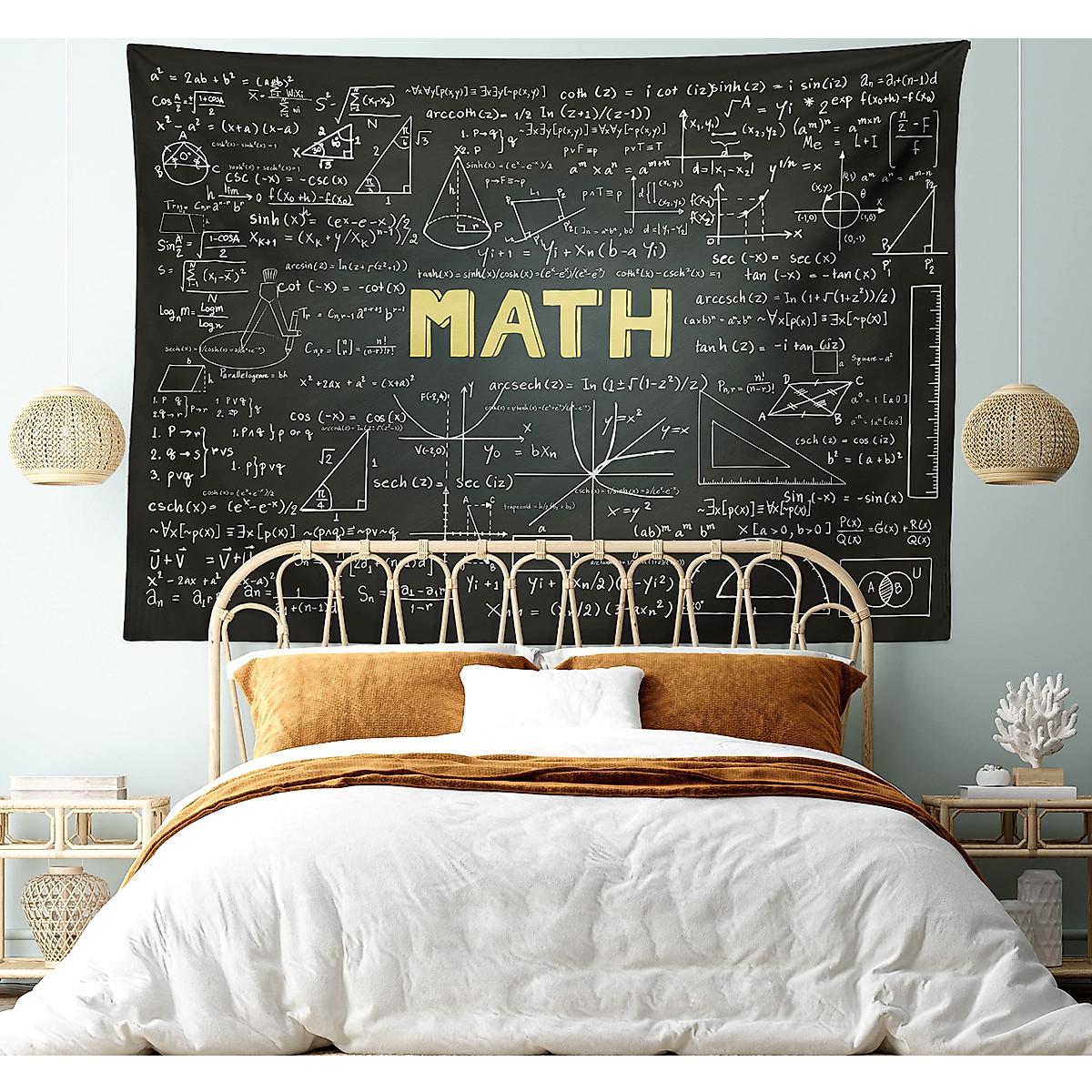 Lunarable Mathematics Room Tapestry, Dark Blackboard Backdrop with Math Equations Geometry Axis Art, Fabric Wall Hanging Decor for Bedroom Living Room Dorm, 45" X 30", Green Yellow