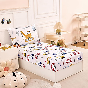 PERFEMET 4 Piece Boys Twin Bedding Sets Car Printed on White Kids Comforter Set for Boys Reversible Cartoon Tractors Bed in A Bag Comforter Set with Sheets (Car Pattern, Twin)