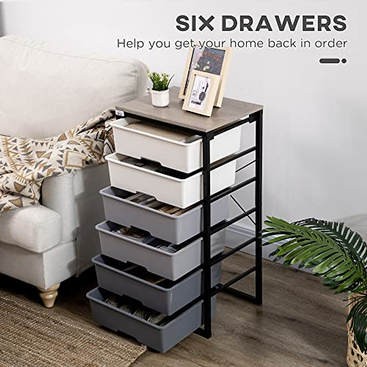 HOMCOM Dresser Storage Drawers with 6 Plastic Bins and Steel Frame, Crafting Bins for Living Room, Bedroom, Grey