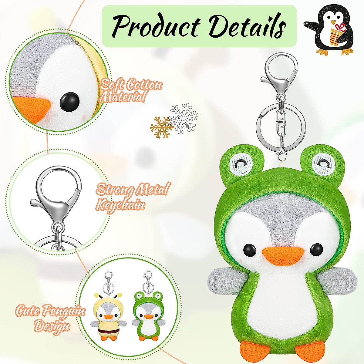 Hinly Cute Penguin Keychains 2 Pieces Stuffed Penguin Plush Pendant Small Frog Bee Stuffed Animal 5 Inch Mini Penguin Toys for Backpacks Accessories Kids Birthday Party Favors, Green and Yellow