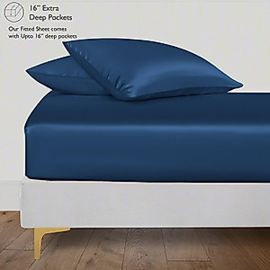 Linenwalas Tencel Lyocell Duvet Cover Set with Deep Pocket Fitted Sheet, Viscose Made from Eucalyptus Soft, Lightweight and Breathable Complete Bedding Set (Navy Blue, Queen)