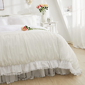 Softta Lace Duvet Cover Set White Bedding 100% Cotton 600 TC Farmhouse 4pcs Bedding Set Soft Romantic Ruffle Boho Flouncing Princess Duvet Cover with Pillowsham and Bedskirt California King