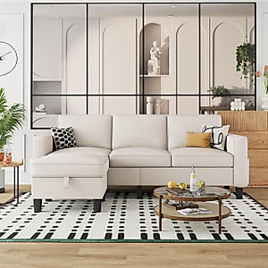 ZeeFu Convertible Sectional Sofa Couch: Beige 3 Seat L-Shaped Sectional Sofa Couches with Storage Ottoman - Modern Linen Fabric Small Sofa Couch Set for Living Room Office Small Space Apartment