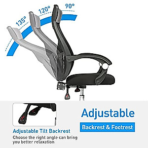 Ergonomic Office Desk Chair, Recliner with Mesh High Back Leather Headrest, Adjustable Lumbar Support Reclining Office Chair, Padded Armrest for Swivel Office Task Computer Chair, Modern Black