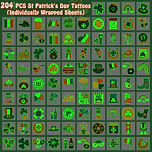 Partywind 204 Styles Glow St Patrick's Day Tattoos for Kids, Individually Wrapped Sheets Saint Patrick's Day Decorations for Party Supplies, Irish Shamrock Accessories Tattoo Stickers