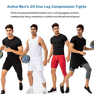 One Leg Compression Tights for Basketball, Mens 3/4 One Leg Compression Pants Dry Fit Running Leggings Sport Baselayer