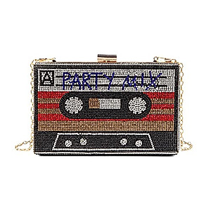 Renabro Women Retro Radio Shape Crossbody Bag Rhinestone Metal Vintage Evening Clutch Purses (red party)