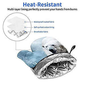 Cool Animal White Polar Bear Printed Oven Mitts Heat Resistant Non-Slip Waterproof Oven Gloves for Grilling BBQ Cooking Baking Kitchen Microwave Pizza