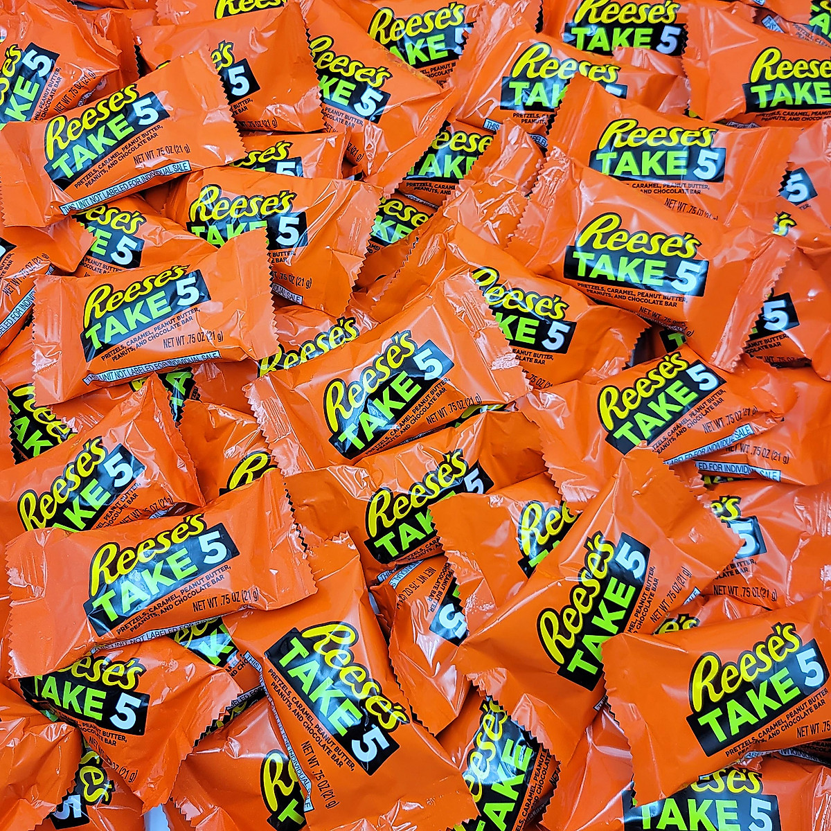 ReesesTake 5 Snack Size Chocolate Candy Bars - Peanut Butter, Pretzel, Nugget, and Caramel Milk Chocolate Fun Size Candy - 65 Individually Wrapped Pieces - 3lb Bulk Party Pack