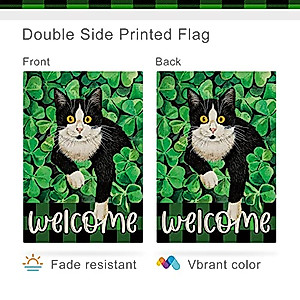 CMEGKE St. Patrick's Day Cat Garden Flag, St Patrick's Day Garden Flag, Green Shamrocks Cat Welcome Garden Flag Spring Summer Garden Flag Rustic Vertical Double Sided Burlap ST Patricks Day Holiday Party Farmhouse Yard Home Outside Decor 12.5 x 18 In