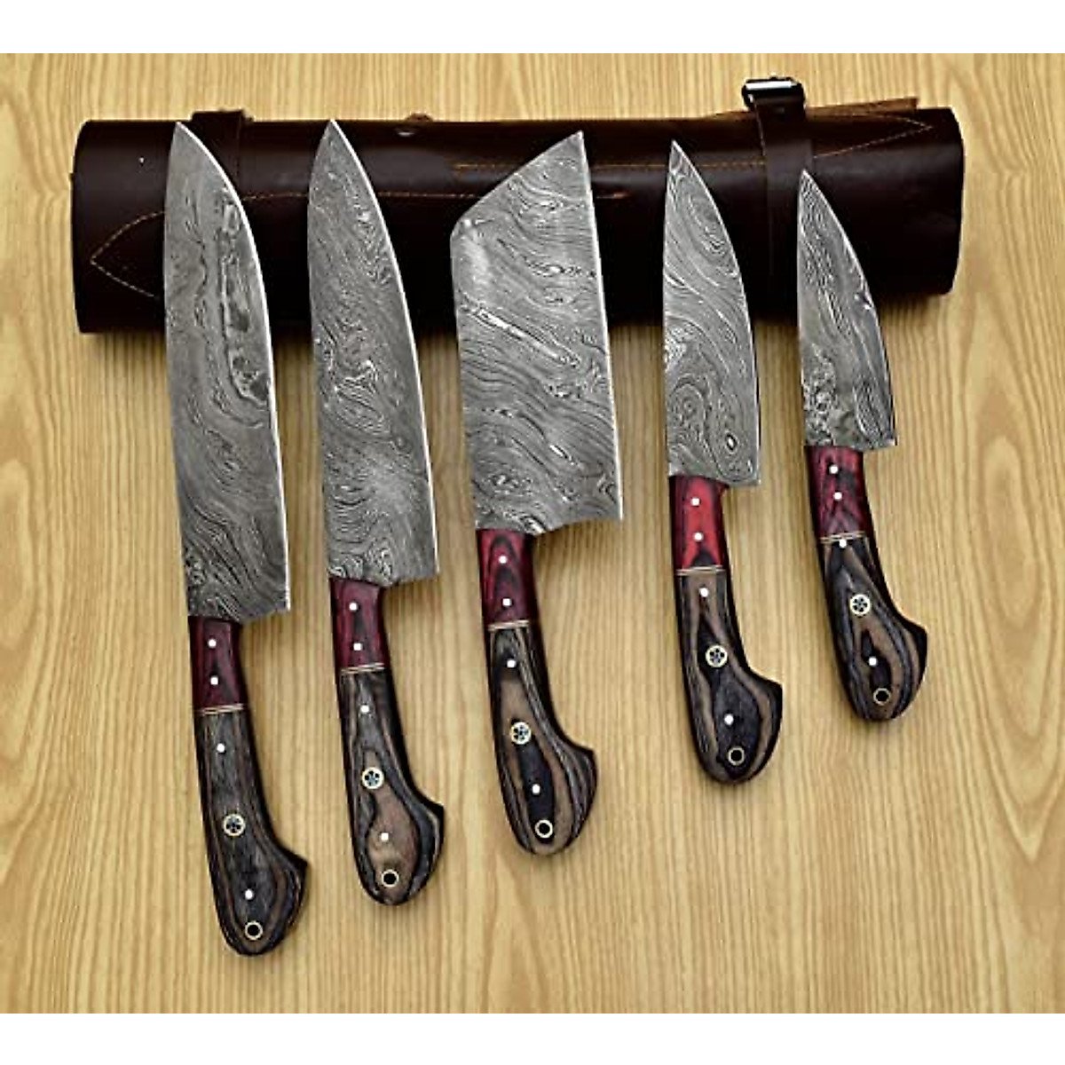 Hand Forged Chef Knives Kitchen Set Damascus Steel Knives Handmade Knife Set,Professional Chef Knives Set Vegetable Meat Cooking Knife Tools Accessories with Beige Solid Wood Handle,5 Pieces Set Knife