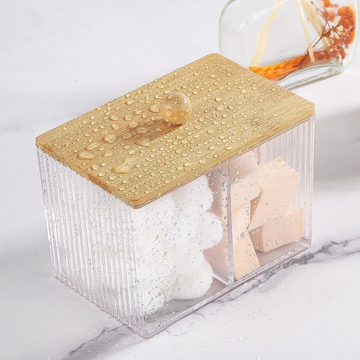 Ohlove Qtip Holder with Bamboo Lids, 3 Compartments Cotton Ball/Swabs Dispenser, Apothecary Jar Clear Plastic Bathroom Container for Storage and Organizer