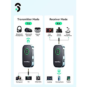 Bluetooth 5.0 AUX Adapter Transmitter Receiver 2 in 1 - SOOMFON 3.5mm Bluetooth Adapter Dual Connection, Wireless Audio Adapter for TV/Home Stereo/Car/Headphones/Speakers/PC