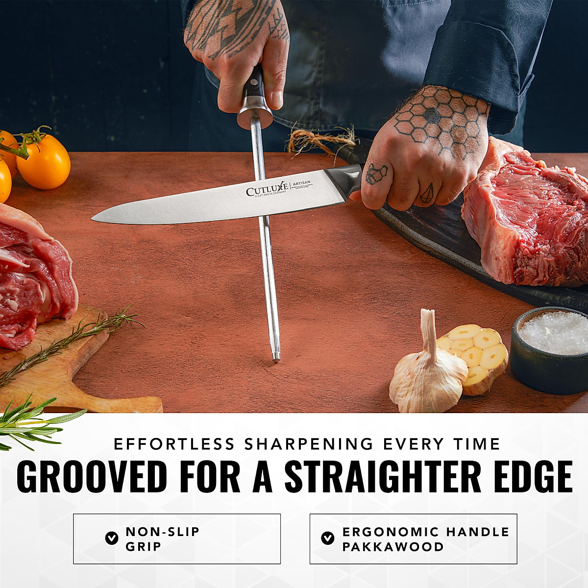 Cutluxe Honing Rod, Sharpening Steel for Kitchen Knives – 10" Honing Steel – Ergonomic Handle Design – Artisan Series