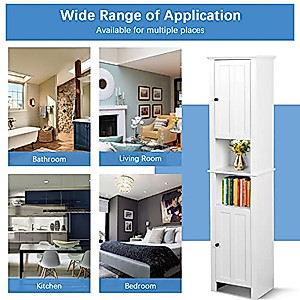 Unovivy Tall Bathroom Storage Cabinet Floor Standing Freestanding Linen Tower with 2 Doors & 6 Shelves, 15.7X 11.8X 66.9 Inches, for Living Room, Kitchen, White