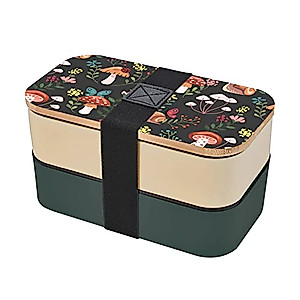 Ykklima Mushroom Snails Butterfly Flower Pattern Bento Lunch Box for Adult Kids, 2 layer Food Containers Leakproof Wooden Lid Utensils for Men Women, Microwave Dishwasher freezer Safe