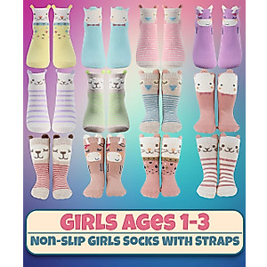 Tiny Captain Baby Toddler Girls Animal Grip Socks Tube Socks Anti-Slip Cartoon Sock (1-3T, Pink and Pastel - 12 Pairs)