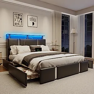 Fameill Queen Bed Frame with 4 Drawers & Storage Headboard, Modern Upholstered Faux Leather Platform Bed with LED Lights, Charging Station, No Box Spring Needed, Black