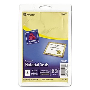 Avery 05868 Permanent Notarial Seals, Inkjet, 2-Inch Round, Gold, 44 Seals/PK
