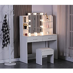CIATRE White Elegant Vanity Set with 10 LED Light Bulbs, Cushioned Stool, and Ample Storage - Perfect for Makeup and Organization