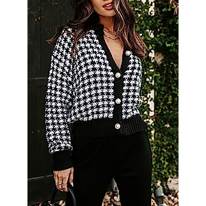 Dokotoo Womens Cardigan Sweaters Color Block V Neck Pearl Button Down Long Sleeve Plaid Cardigans Coats Casual Cable Knit Ribbed Fall Winter Ladies Loose Fit Jackets Outerwear Black XL