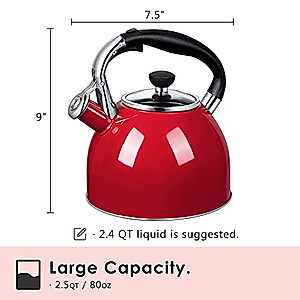 Rorence Whistling Tea Kettle: 2.5 Quart Stainless Steel Kettle with Capsule Bottom & Heat-resistant Glass Lid (Red)