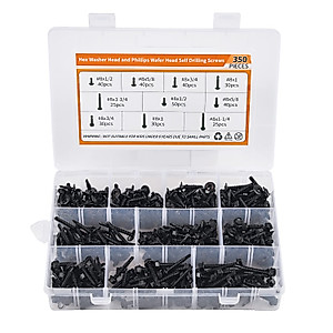 350PCS Self Tapping Screws Assortment, Black #8 Self Tapping Screws for Metal & Plastic with 410 Stainless Steel, Hex Washer Head & Phillips Round Head Self-Tapping Screws for Building & Repair