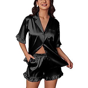 Ekouaer Satin Pj Set Womens Short Sleeve Pajamas Silk Button Down Sleepwear 2 Piece Lounge Set Black,S