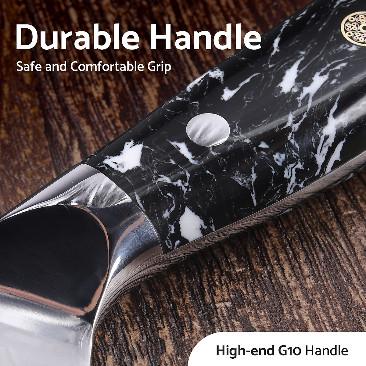 EXCALIBLADES Ultra Sharp 8" Damascus Chef's Knife. High Carbon 67-layers VG10 Stainless Steel Kitchen Knife, Ultra Sharp with Full Tang. Black Turquoise Ergonomic G10 Handle.