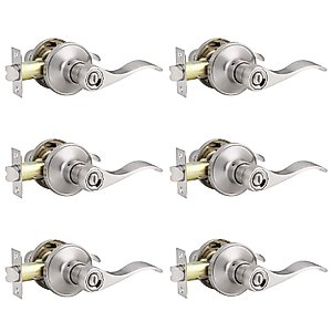 Knobonly 6 Pack Brushed Satin Nickel Door Lever Privacy Door Handles, Zinc Alloy Door Handle Interior, Keyless Lock for Bedroom or Bathroom