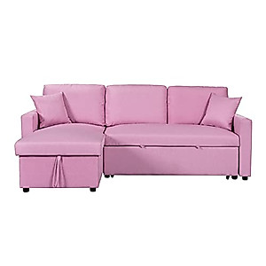 GLANZEND L-Shape Reversible Linen Sleeper Sectional Sofa with Storage Chaise, Corner Convertible Couch w/ 2 Throw Pillows for Living Room, Small Apartment, Dorm, Pink, 57 Inch