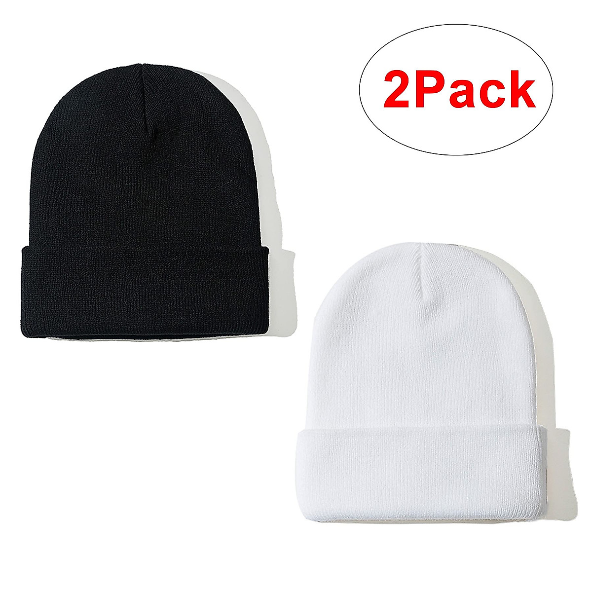 PFFY 2 PACKS Unisex Beanie Hats for Men and Women Knit Winter beanies Black+White