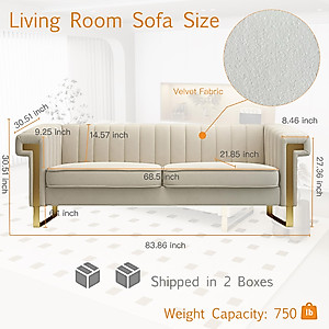 Moxoq Chesterfield Velvet Sofa for Living Room with Gold Metal Legs, 83.86" Mid-Century Modern Luxury Sofa for Bedroom Apartment Office (Beige)