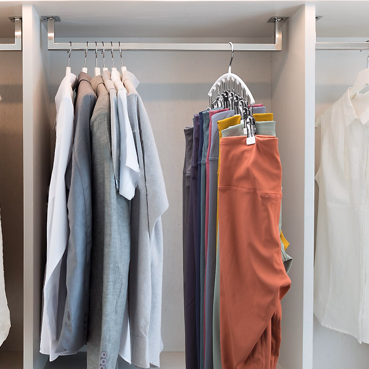 Legging Organizer for Closet, Metal Yoga Pants Hanger w/Rubber Coated 2 Pack w/10 Clips Hold 20 Leggings, Hangers Space Saving Hanging Closet Organizer for Closet Organizers and Storage-White