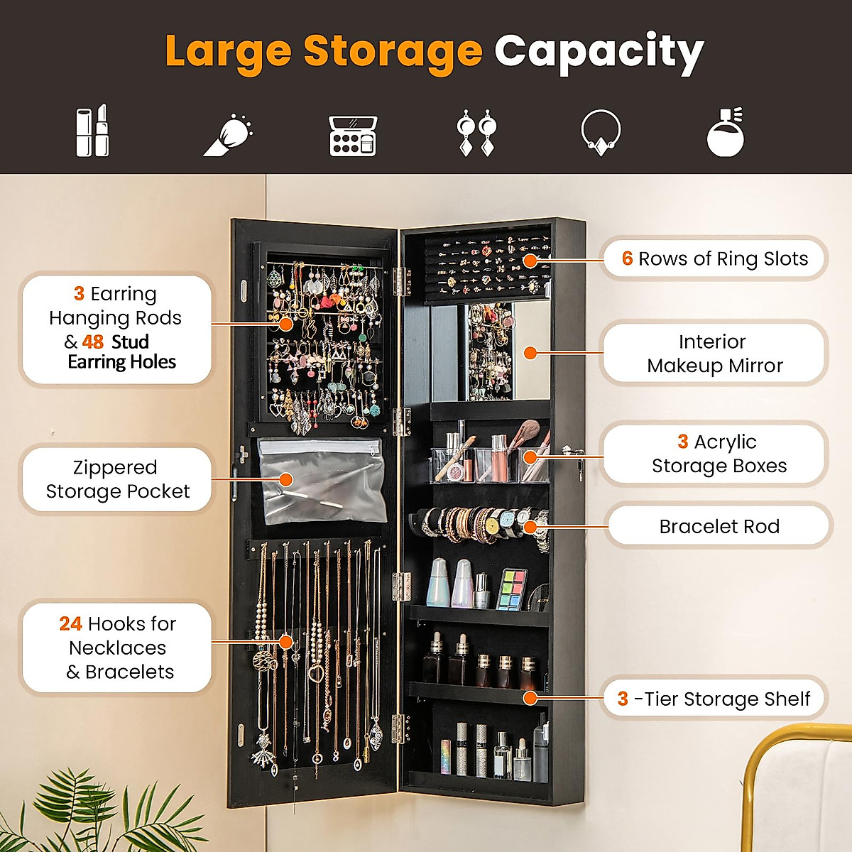 Giantex Jewelry Cabinet Armoire Door Wall Mount, 47.2in Lockable Touch Screen Lighted Full Length Mirror, 3 Lighting Settings, Inside Makeup Mirror, Jewelry Storage Box Organizer (Black)