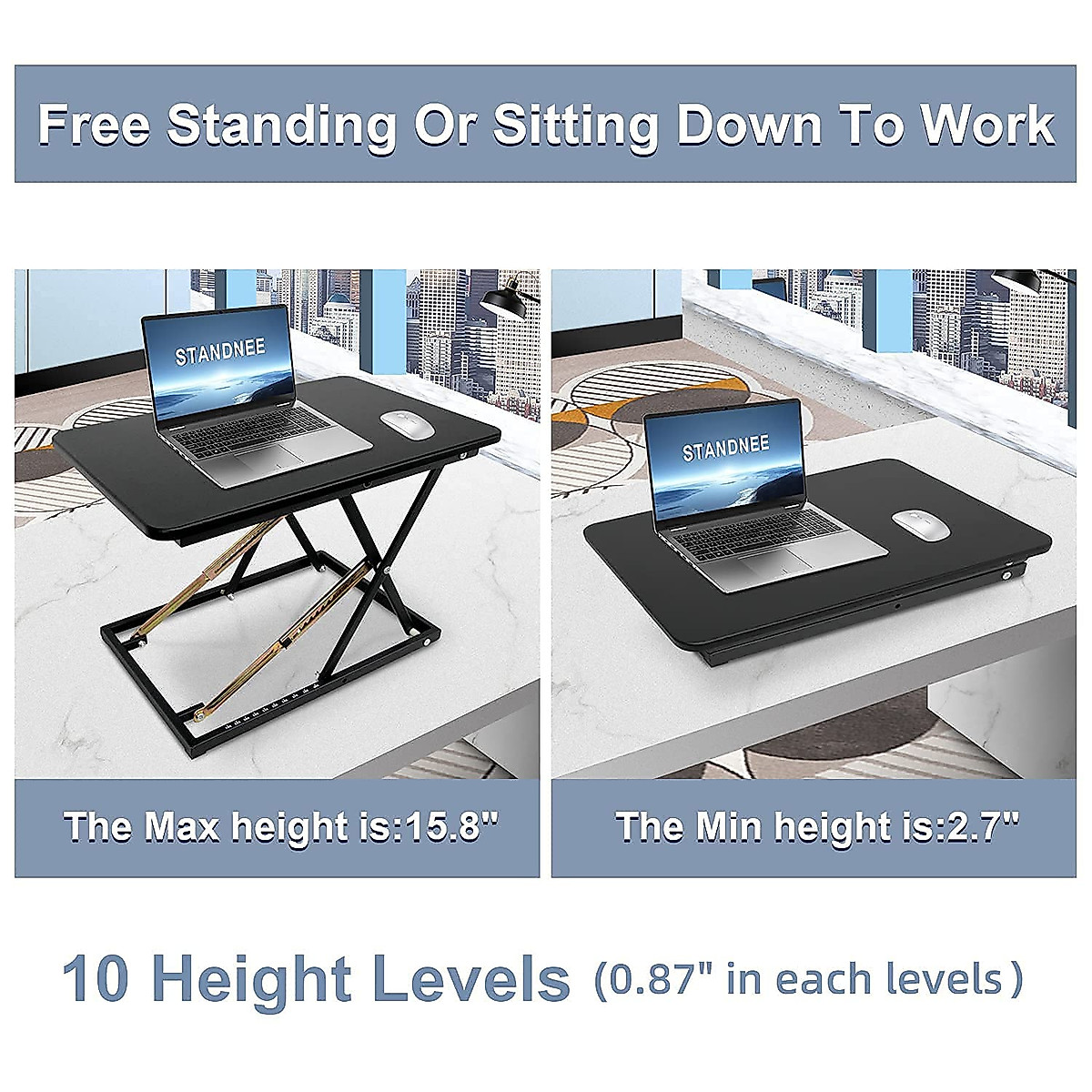 STANDNEE Standing Desk Converter Height Adjustable Stand Up Desk Riser - Supports 300 lbs, Fully Assembled Monitor/Laptop Riser Workstation, Black.