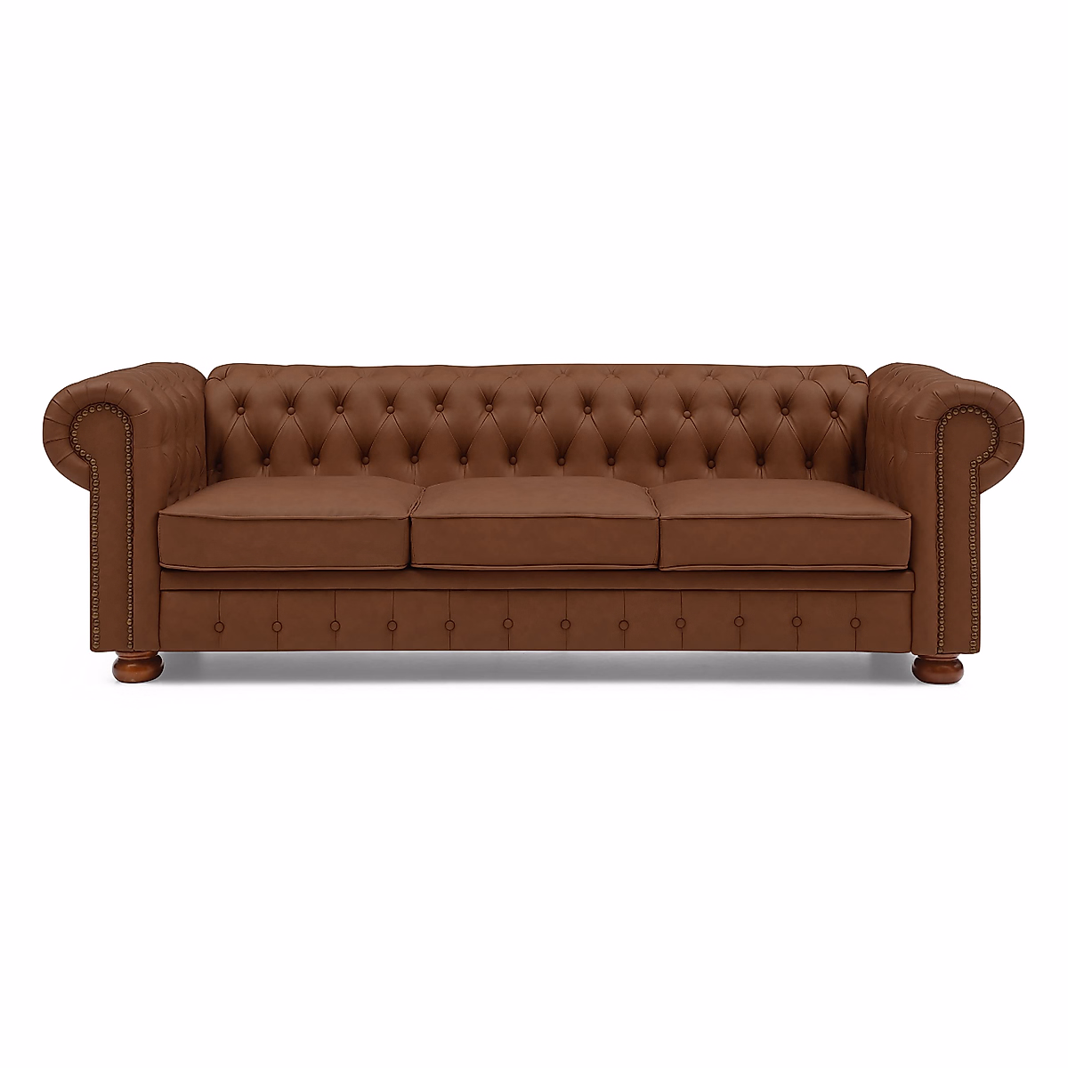 TARTOP Classic Chesterfield Sofa Leather, Modern PU Tufted Couch 3 Seater with Rolled Arms and Nailhead for Living Room, Bedroom, Office, Apartment,Brown
