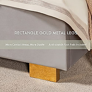 HOWE Queen Size Bed Frame and 61" Headboard, Upholstered Bed with Golden Plating Trim, Modern Platform Bed No Box Spring Needed, Light Grey