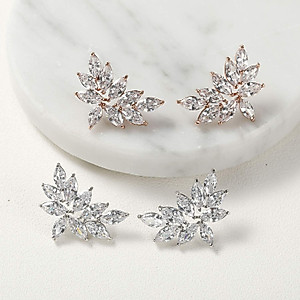 SWEETV Bridal Wedding Earrings for Brides Bridesmaid, Marquise Cubic Zirconia Rhinestone Cluster Earrings for Women, Prom, Silver