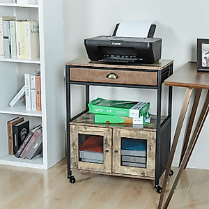 X-cosrack Printer Stand with Storage Cabinet, 3 Tiers End Table with Drawer and Doors, Movable Printer Table on Wheels for File Organization, Scanner, Fax Machine, in Home, Office, Retro Style