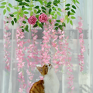 Mandy's 12pack Pink Fake Flowers Artificial Silk Wisteria Vine Ratta Hanging Fake Plants 43” for Home Party Wedding Decorations