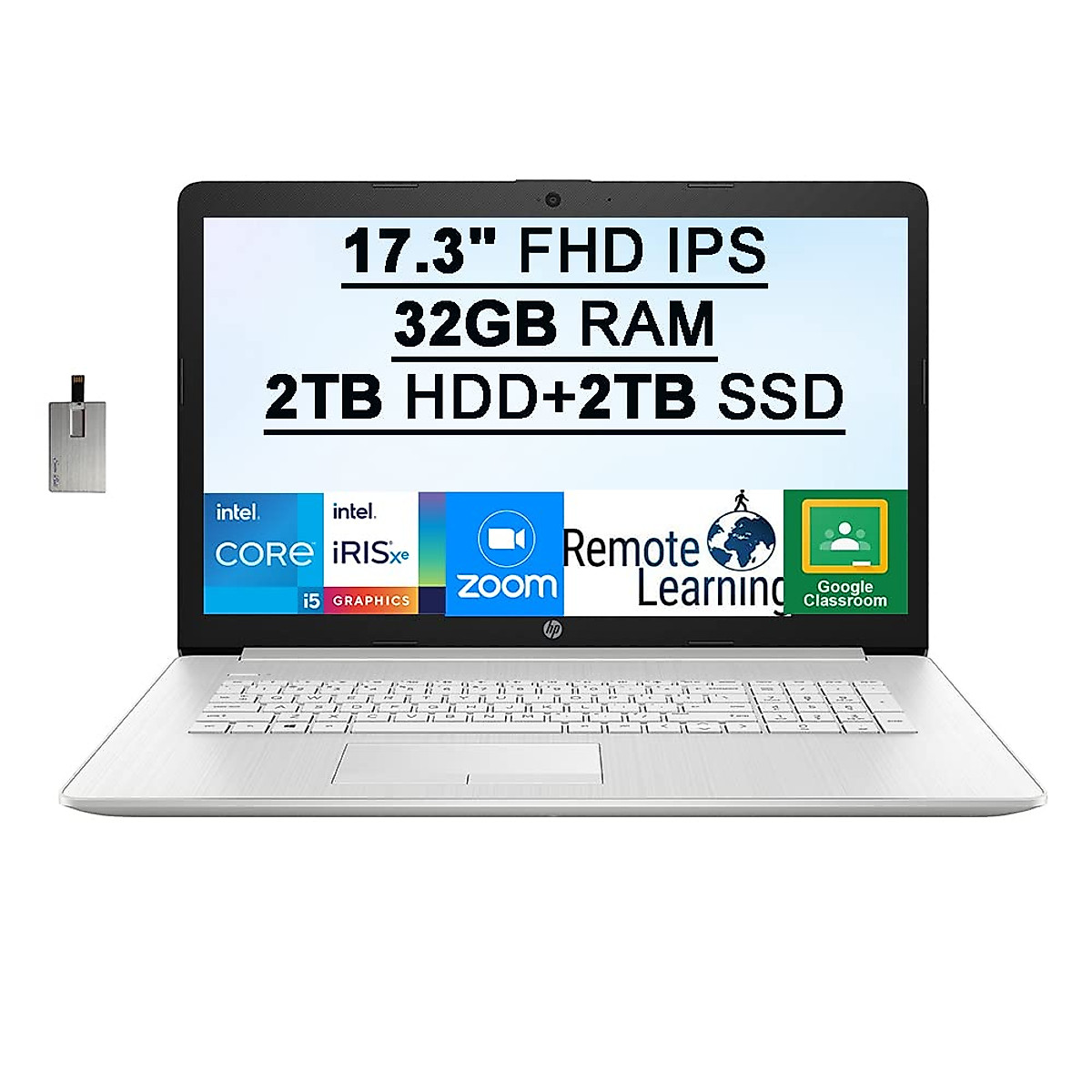 HP 2022 17.3" FHD Laptop Computer, 11th Gen Intel Core i5-1135G7 (Quad-Core), 32GB RAM, 2TB HDD+2TB SSD, Backlit Keyboard, Intel Iris Xe Graphics, HD Webcam, Win 10, Silver, 32GB SnowBell USB Card