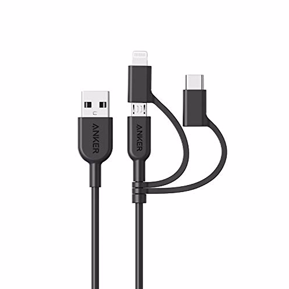 Anker Powerline II 3-in-1 Cable, Lightning/Type C/Micro USB Cable for iPhone, iPad, Huawei, HTC, LG, Samsung Galaxy, Sony Xperia, Android Smartphones, iPad Pro 2018 and More(3ft, Black)